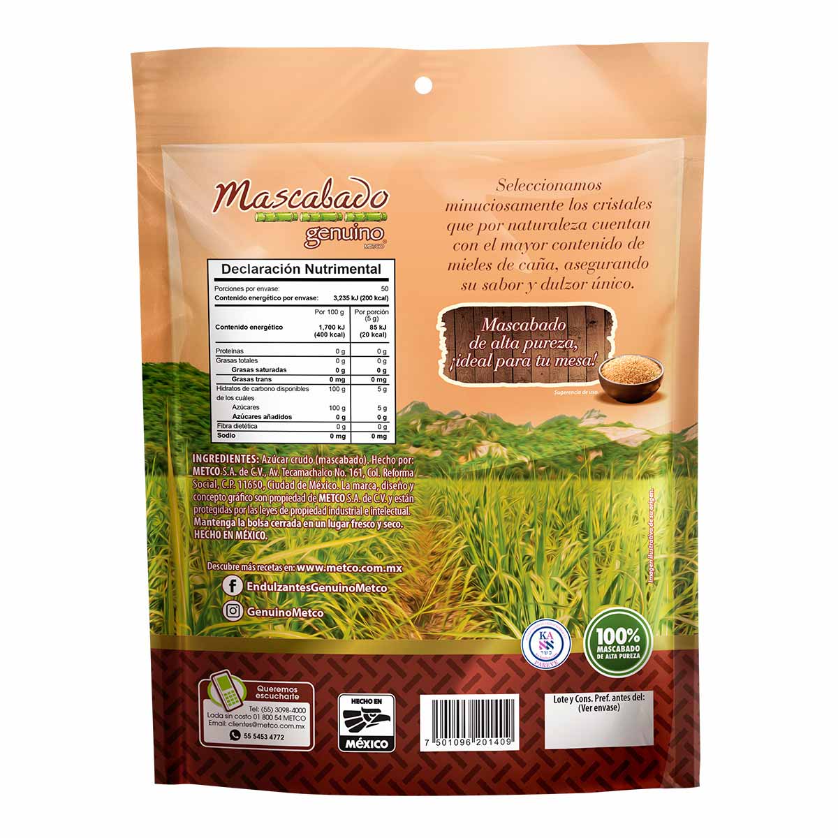 Azúcar Mascabado Genuino Metco 50 Sobres con 200g | Chedraui