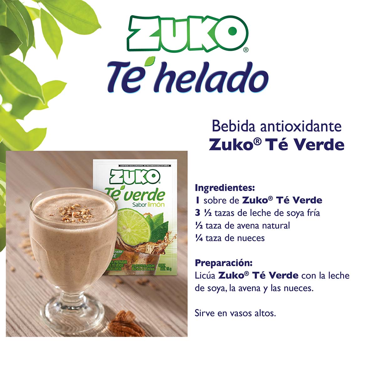 Bebida Instantánea Zuko Té helado Té Verde Sabor Limón 15g | Chedraui