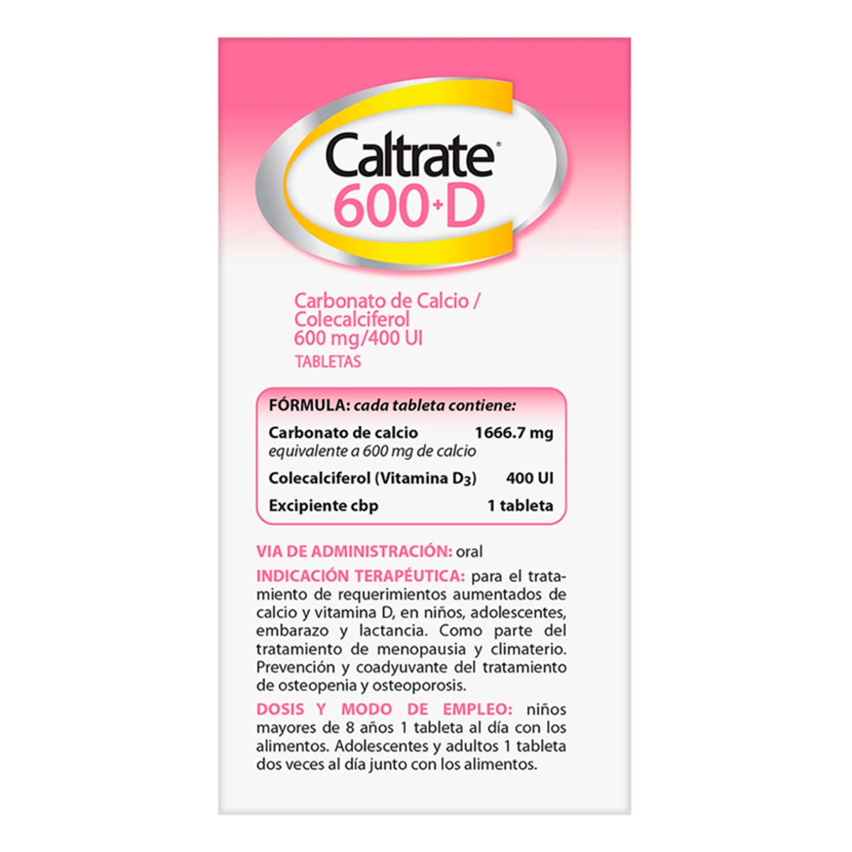 Tabletas Caltrate Suplemento de Calcio 600 +D 600mg / 400 UI Frasco con ...