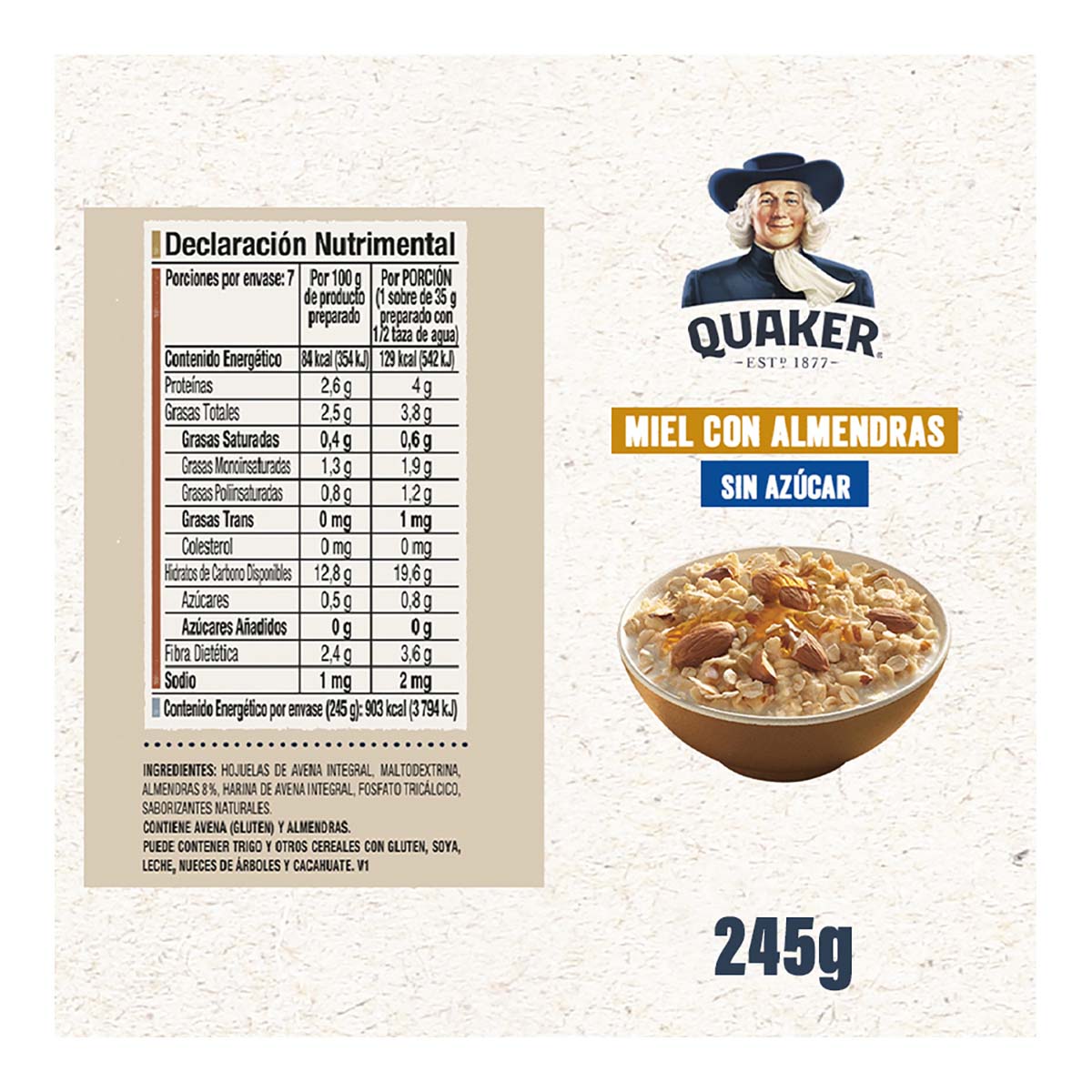Avena Integral Sabor Miel Con Almendras Sin Azúcar Quaker Instantáneo ...