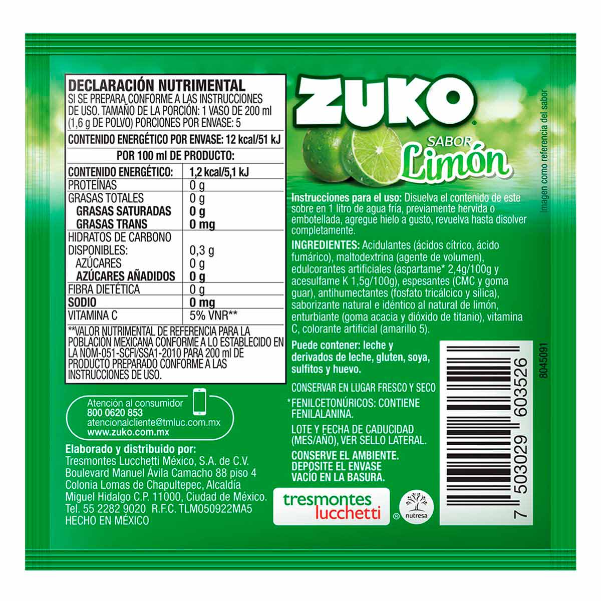 Saborizante ZUKO Sabor Limón Rinde 1 Litro 8g | Chedraui