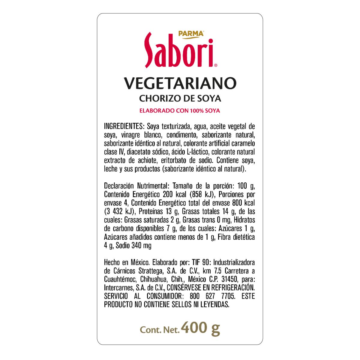Chorizo Sabori de Soya Vegetariano 400g | Chedraui
