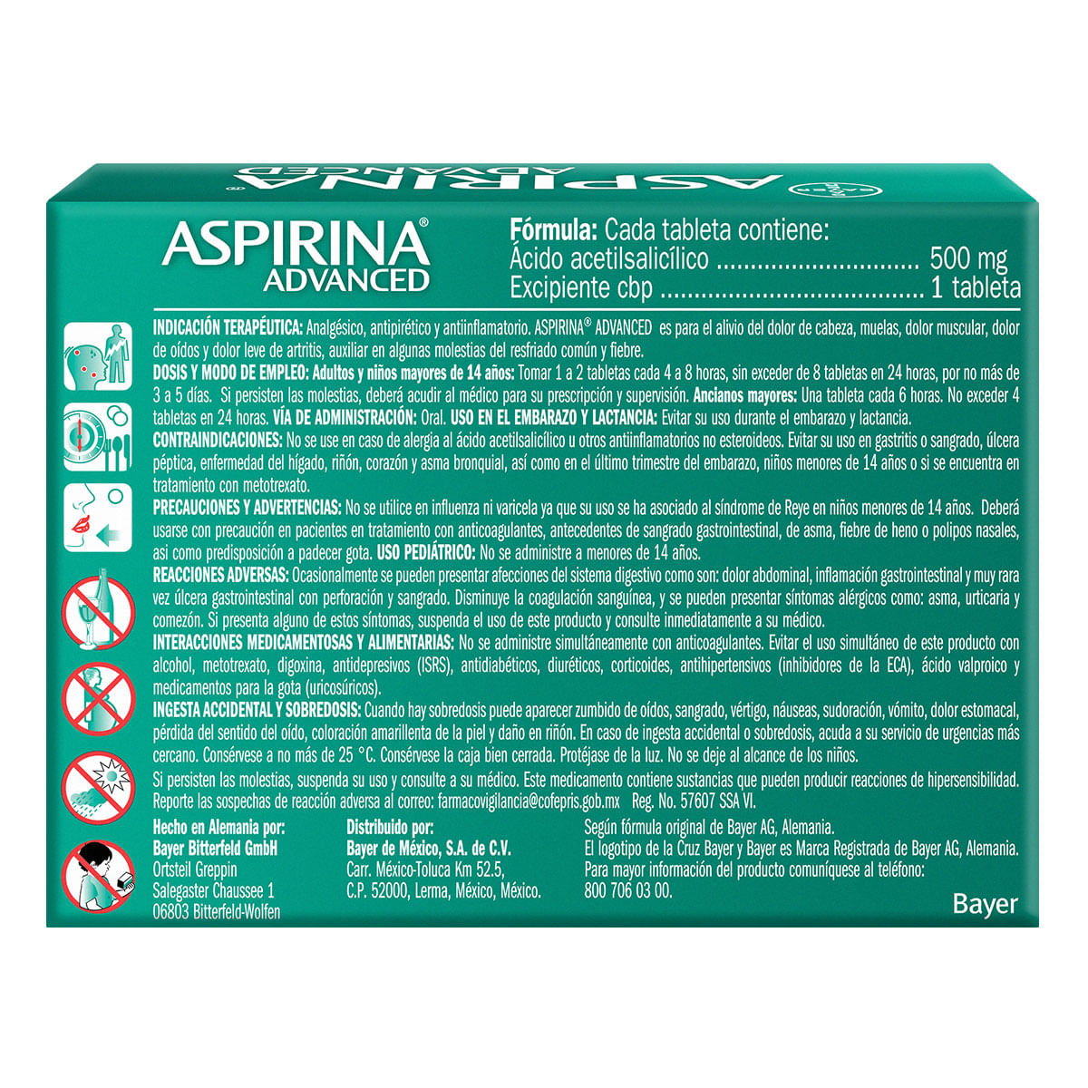 Tabletas Aspirina Advanced 500mg Caja con 20 Tabletas | Chedraui