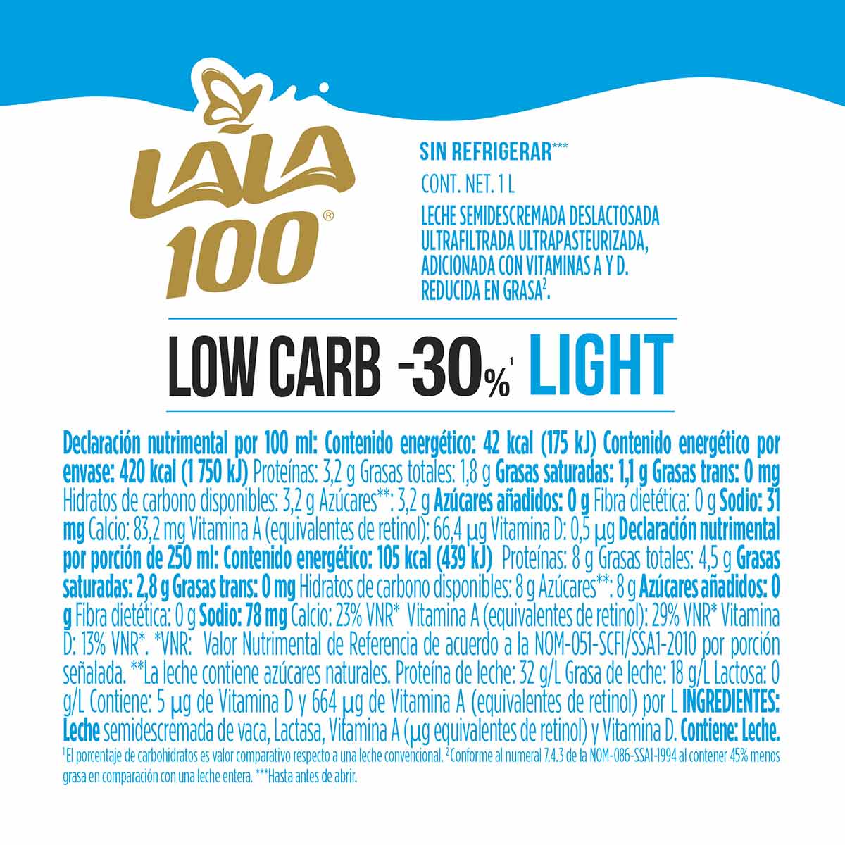 Leche Lala 100 sin Lactosa Light 1L | Chedraui