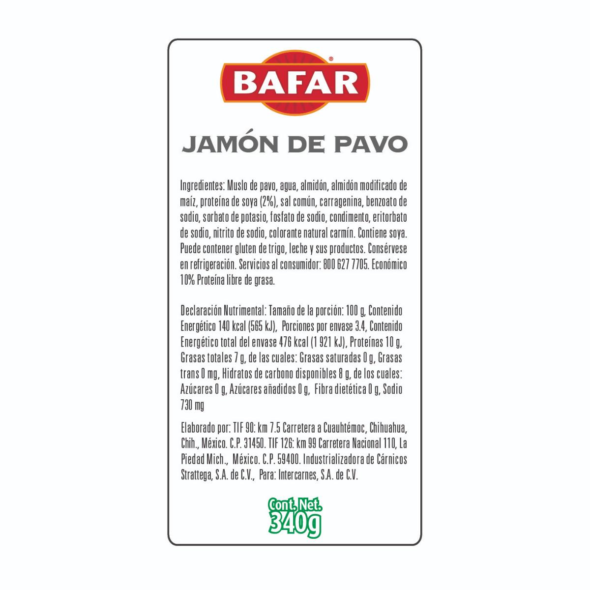 Jamón Tradicional de Pavo Bafar 340g | Chedraui