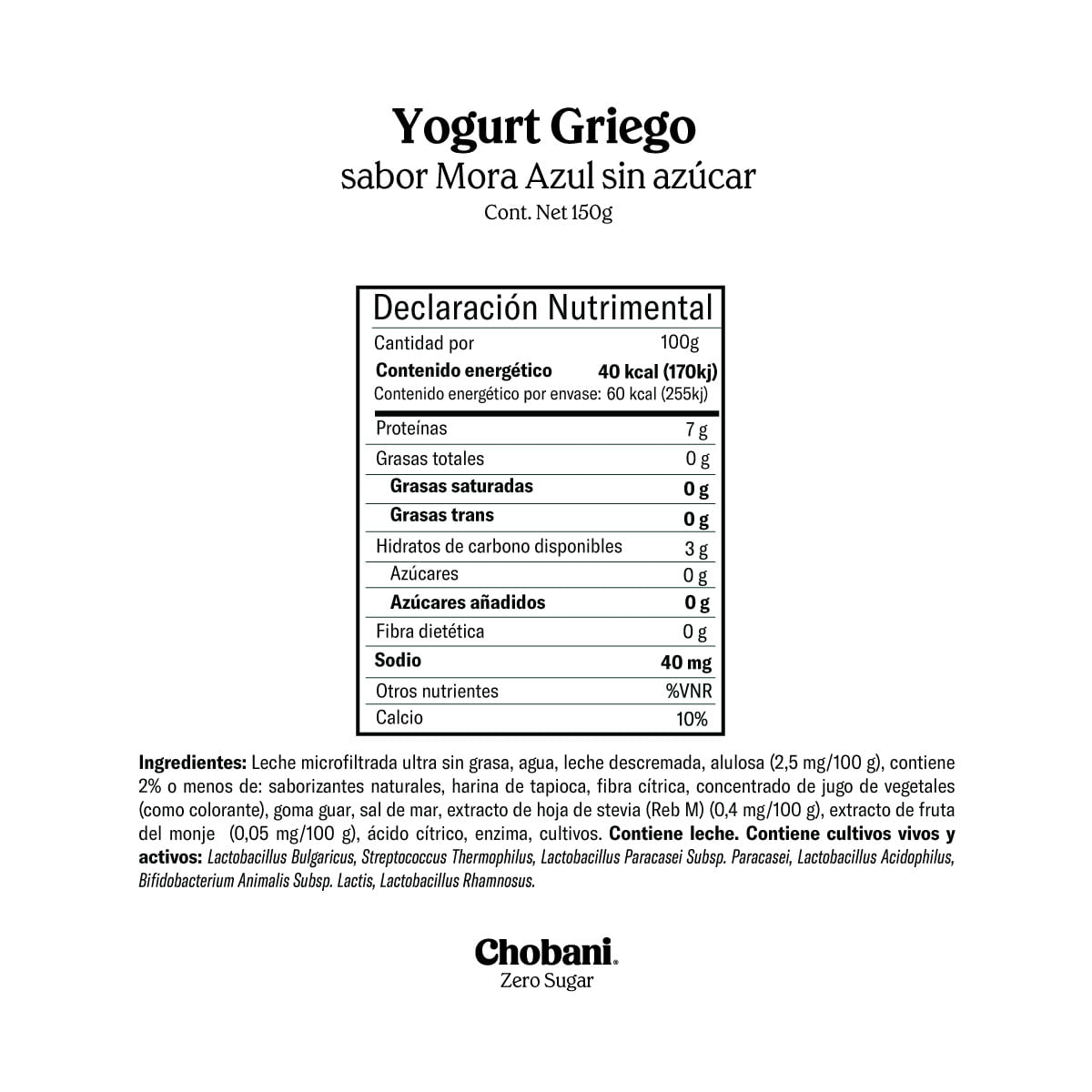 Yoghurt Chobani Batido Zero Sugar Mora Azul 150g | Chedraui